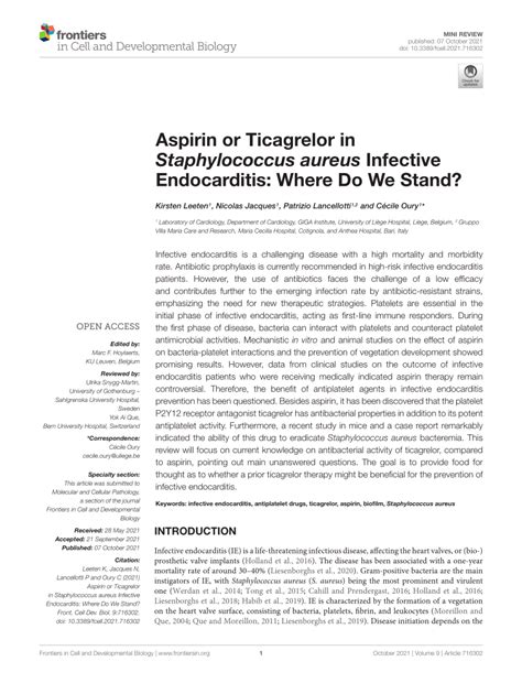 Pdf Aspirin Or Ticagrelor In Staphylococcus Aureus Infective