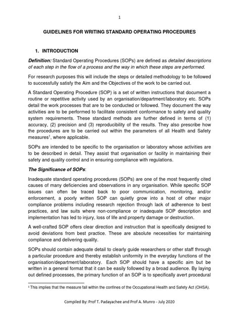 Guidelines For Writing Standard Operating Procedures Pdf Regulatory