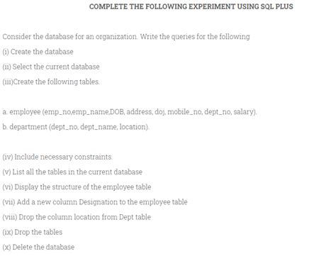 solved complete the following experiment using sql plus