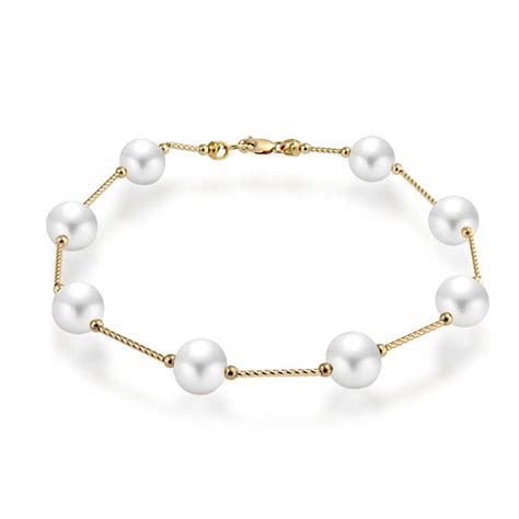 14k Real Yellow Gold Bar Tin Cup Freshwater Cultured Pearl Bracelet