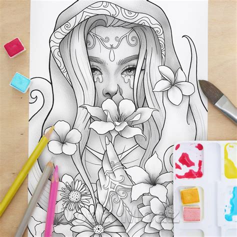 Printable Coloring Page Fantasy Floral Girl Portrait Etsy