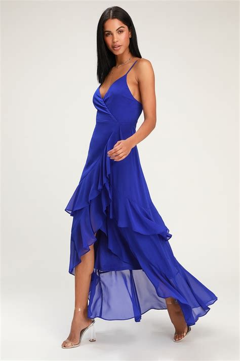 Lovely Cobalt Blue Dress Ruffled Maxi Dress High Low Dress Lulus