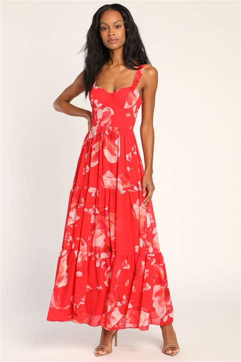 Red Floral Print Dress Bustier Maxi Dress Sleeveless Sundress Lulus