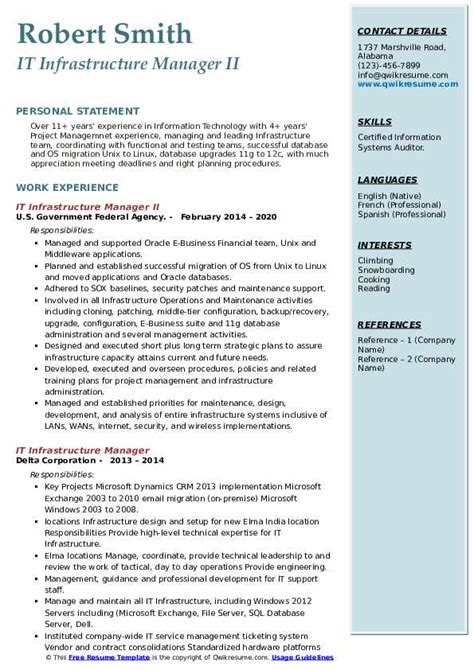 it infrastructure manager resume samples qwikresume