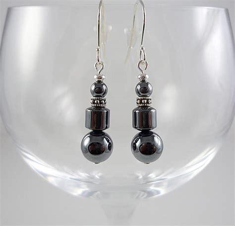Hematite Earrings Silver Gemstone Bead Earrings Hematite Drop Earrings