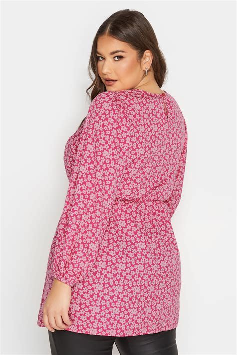 Plus Size Pink Floral Print Peplum Top Yours Clothing