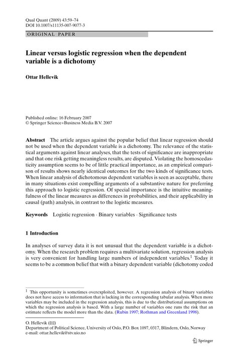 pdf linear versus logistic regression when the dependent