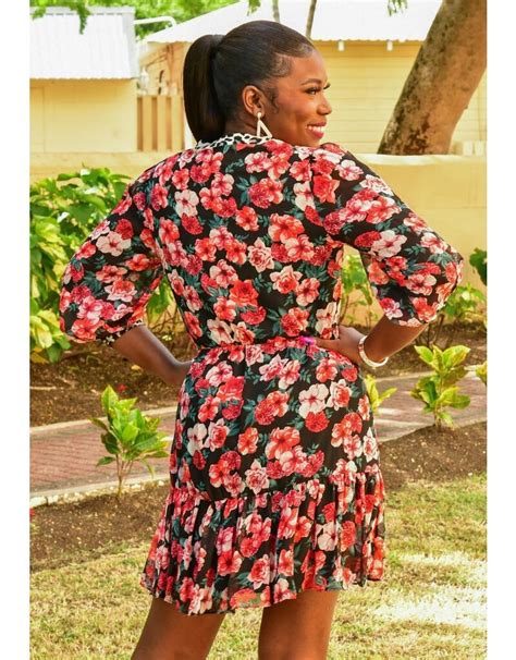 Fiah Floral Split Neck 3 4 Sleeve Dress