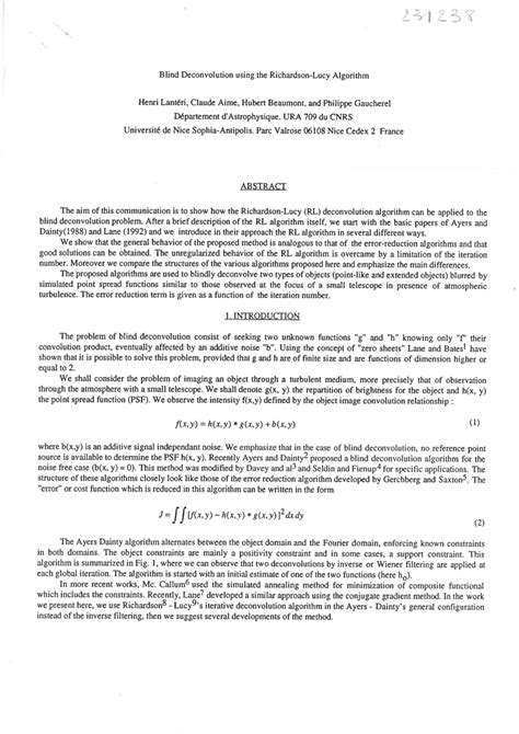 Pdf Blind Deconvolution Using The Richardson Lucy Algorithm