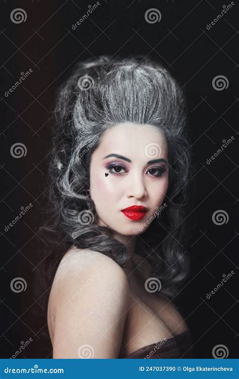 Vintage Style Portrait Of Beautiful Asian Woman With Red Lipstick Stock