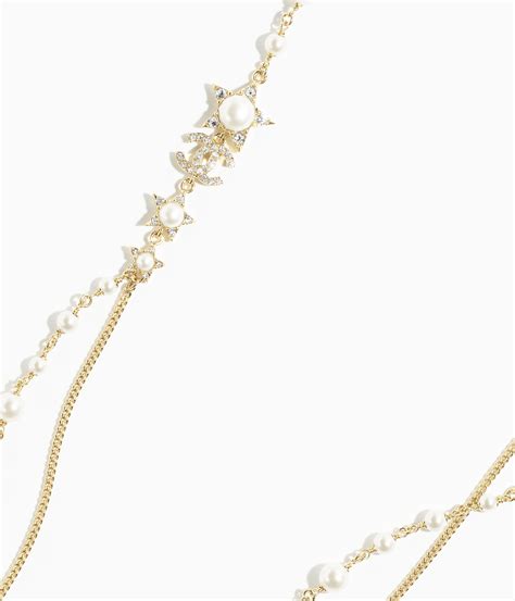 Long Necklace Metal Glass Pearls And Diamantés Gold Pearly White