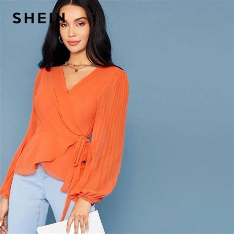 Shein Bright Orange Deep V Neck Tie Side Wrap Blouse Women Tops 2019