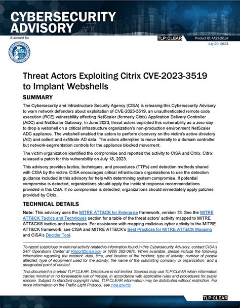 Cybersecurity Advisory Threat Actors Exploiting Citrix Cve 2023 3519