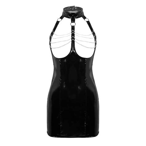 Sexy Women Lady Latex Wet Look Bodycon Mini Dress Leather Night Party