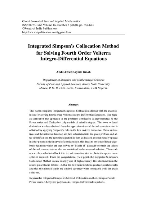 Pdf Integrated Simpsons Collocation Method For Solving Fourth Order