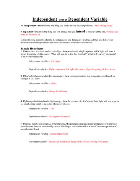 Independent Variable And Dependent Variable Worksheet