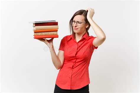 Portrait Of Tired Frustrated Upset Business Teacher Woman In Red Shirt
