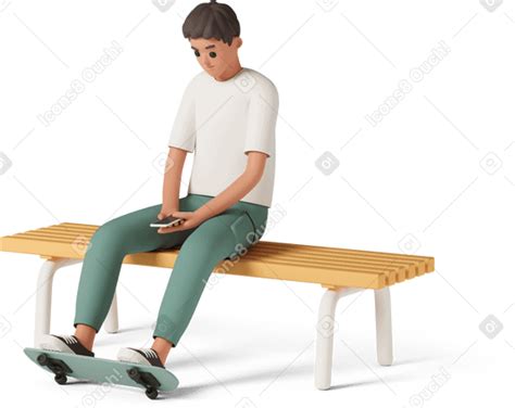 3d 스케이트보드에 손과 다리에 전화를 들고 벤치에 앉아 있는 젊은 남자 Png Svg