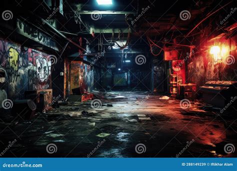 Abandoned Industrial Building With Graffiti On The Walls At Night A