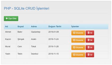 php sqlite select insert update delete İşlemleri tasarım kodlama