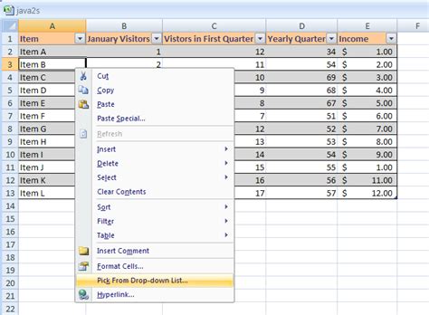 enter data in a list using pick from drop down list