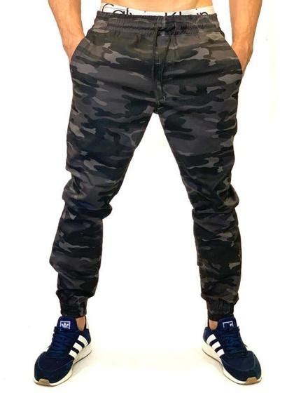 Calça Jogger Masculina Jeans Rasgado Slim Em Sarja Camuflado Com
