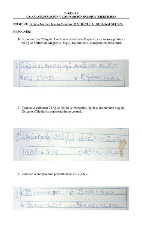 El Mol Ejercicios Tarea 4 Calculos Ecuacion Y Composicion Quimica