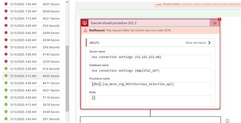 sql server stored procedure is failing on azure logic