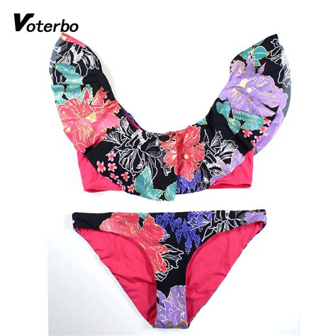 Voterbo 2018 Floral Printed 2pcs Bikini Set Off Shoulder Bikinis Ruffle