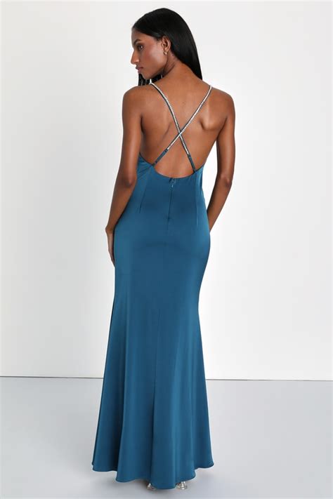 Teal Blue Satin Dress Rhinestone Dress Backless Maxi Dress Lulus