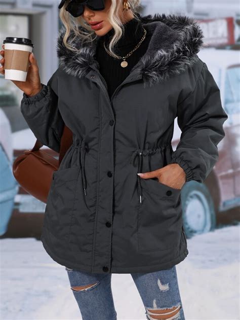 Shein Lune Drawstring Waist Fuzzy Trim Hooded Parka Coat Shein Usa