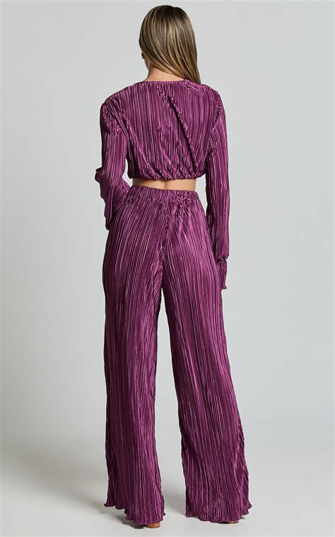 Aluna Two Piece Set Plisse Twist Front Crop Top And Wide Leg Pants