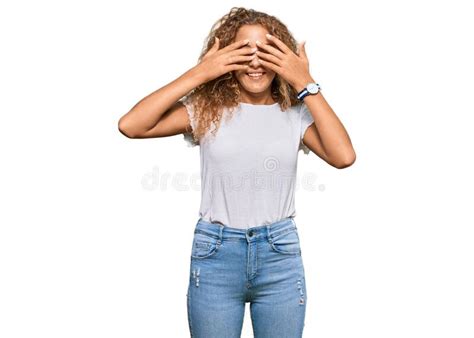 Beautiful Caucasian Teenager Girl Wearing Casual White Tshirt Covering