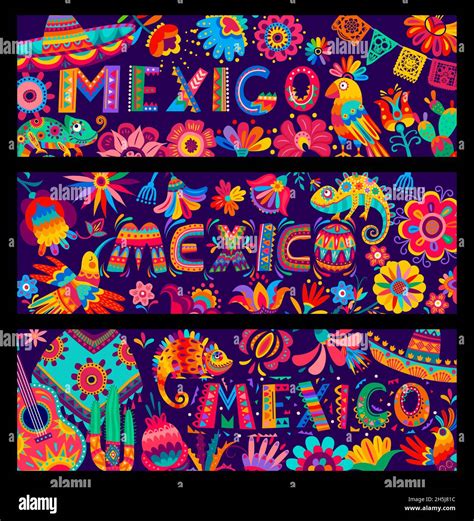 Cartoon Mexican Holiday Music And Culture Vector Banners With Sombrero