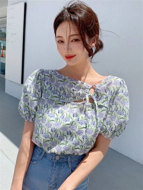 Dazy Allover Print Cut Out Knot Front Puff Sleeve Blouse Shein Usa