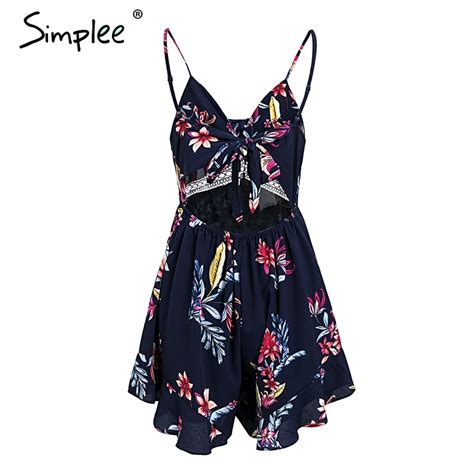 Simplee V Neck Backless Jumpsuits Rompers Women Floral Print Casual