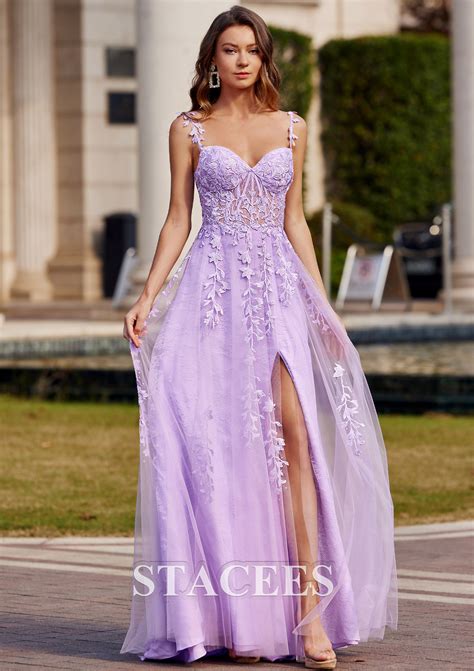 A Line V Neck Sleeveless Sweep Train Tulle Prom Dress With Beading Lace