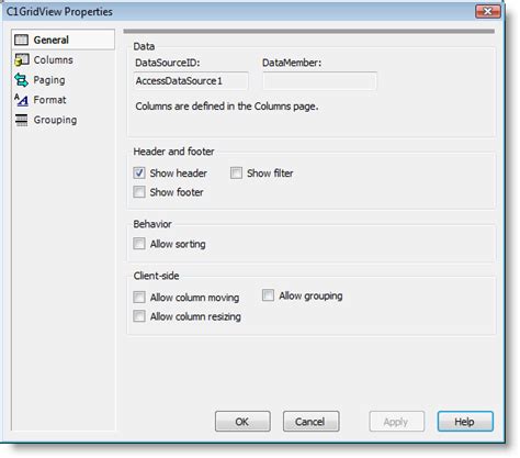 general tab componentone gridview for asp webforms