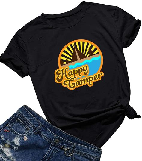 Happy Camper T Shirt Women Funny Cute Graphic Tee Short Sleeve Letter