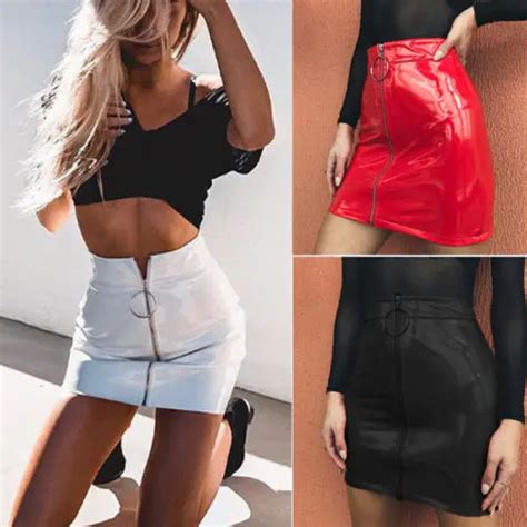 Women Ladies High Waist Pu Leather Zipper Stretch Pencil Bodycon Mini