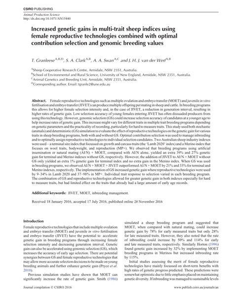 Pdf Increased Genetic Gains In Multi Trait Sheep Indices Using Female