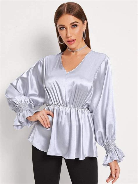 Satin Shirred Flounce Sleeve Peplum Blouse Peplum Blouse Peplum