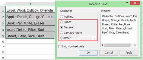 how to reverse text string or words order in excel