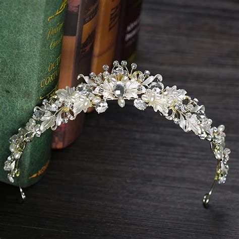 Rhinestone Pearl Flower Wedding Bridal Crowns For Women Gold Tiara