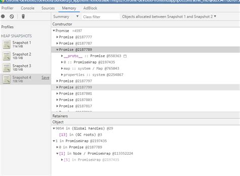 node js memory leak with resolved promises retained only by global