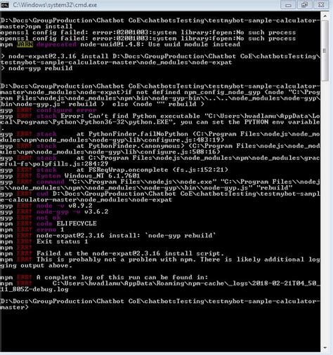node js unable to install testmybot npm package
