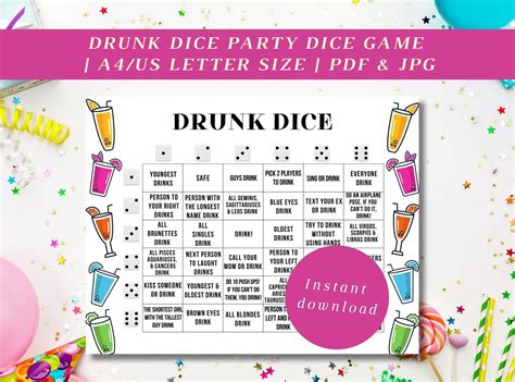 Drunk Dice Party Dice Game Drinking Dice Board Game Printable