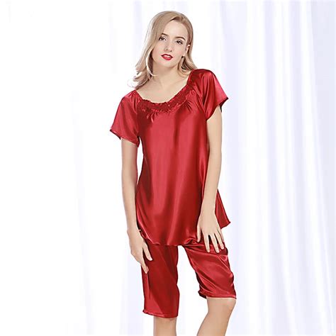 Ps080 Lady Satin Silk Pajamas Brand Women Pajama Set Short Sleeve And