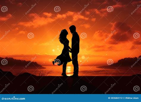 Silhouette Of Romantic Couple Holding Hands On The Beach At Sunset