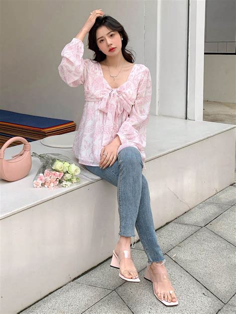 Dazy Floral Print Knot Front Lantern Sleeve Peplum Blouse Shein Uk